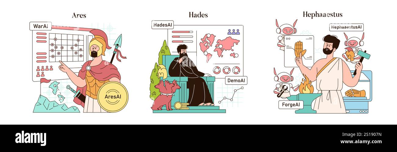 Olympic Gods Synergy AI set. Mythical deities Ares, Hades, and ...