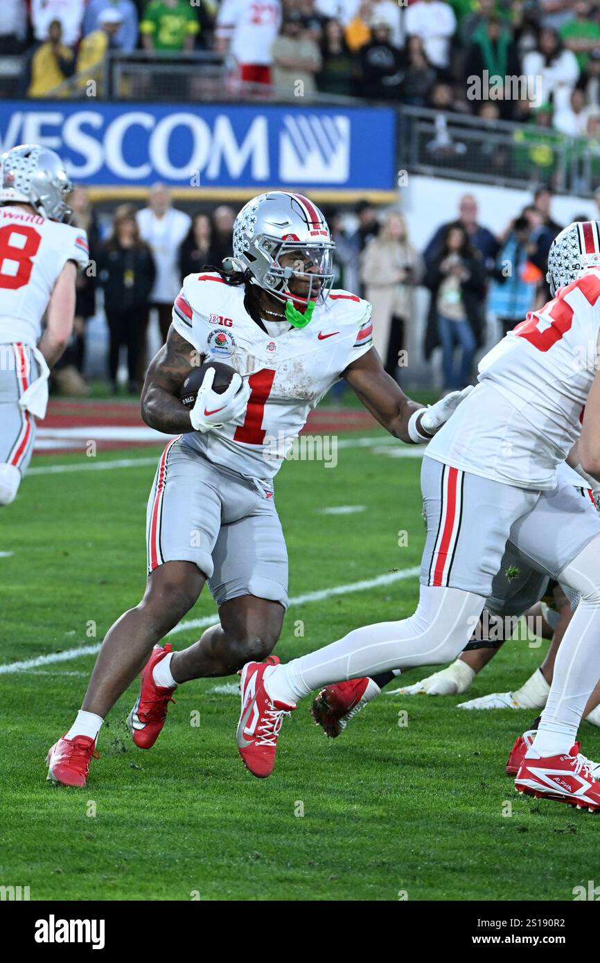 PASADENA, CA - JANUARY 01: Running Back Quinshon Judkins #1 of the Ohio ...