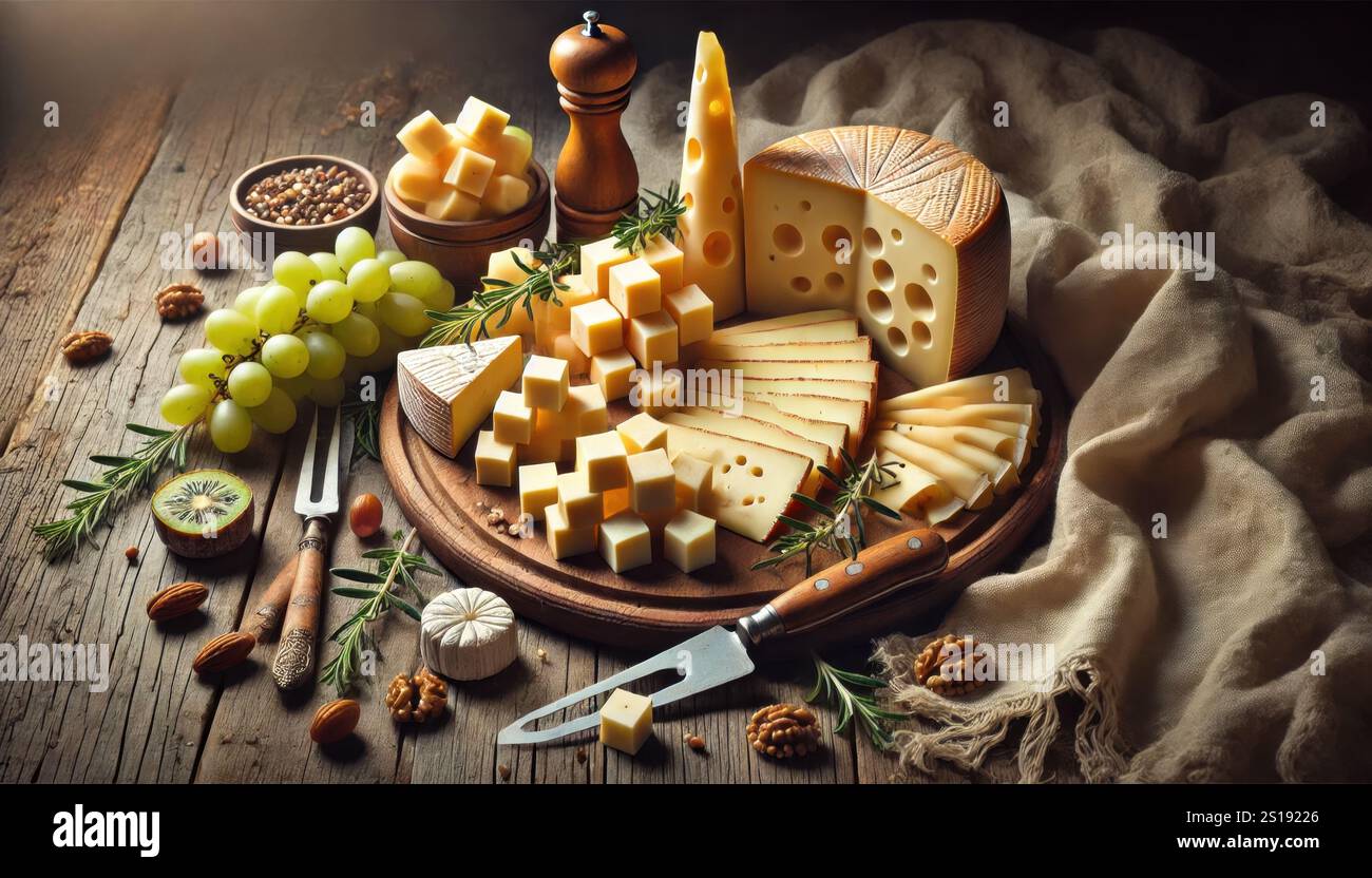 Cheese dices and slices on rustic wooden boards with props, textures ...