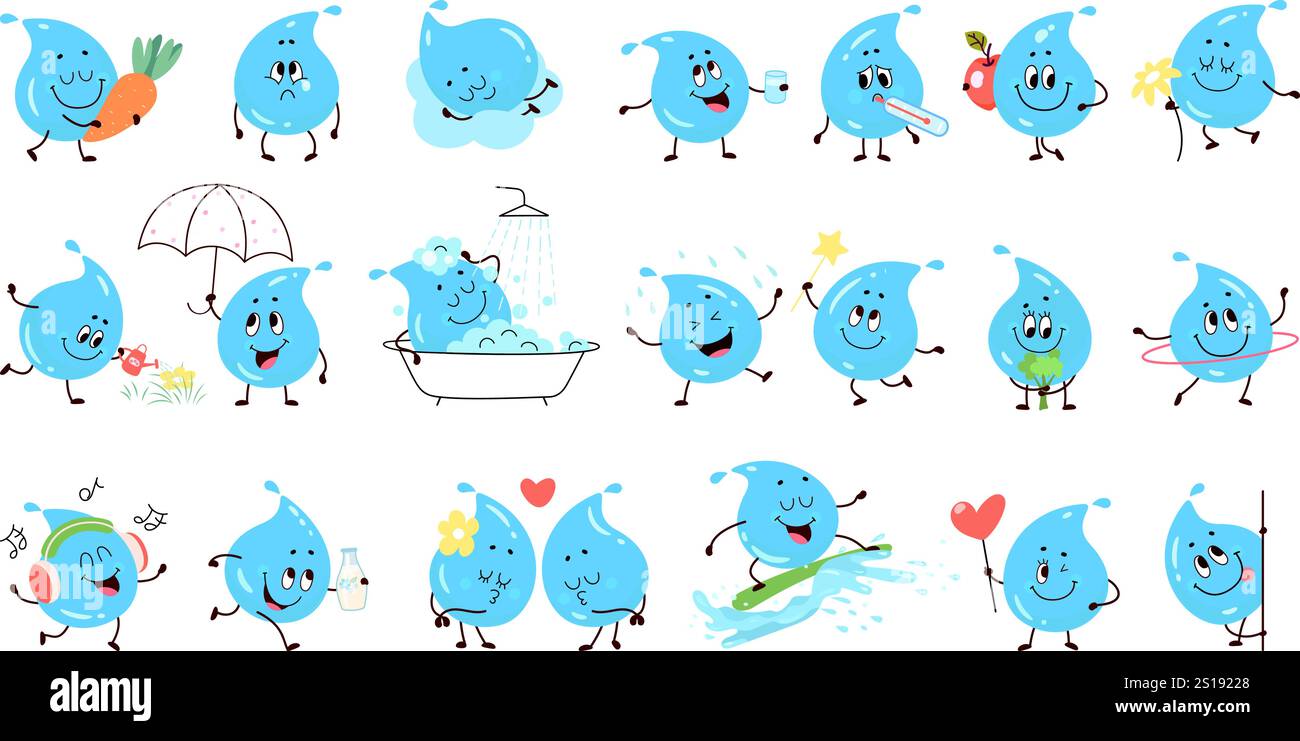 Funny water drops. Emotional stickers or childish mascots. Cartoon ...