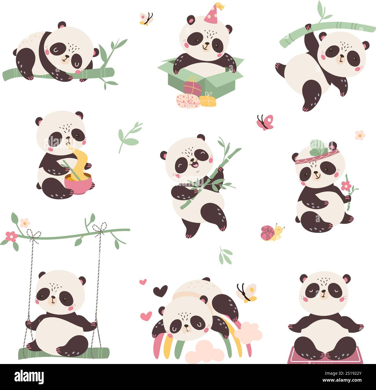 Funny pandas. Cartoon panda eating, sleeping, resting. Asian exotic ...