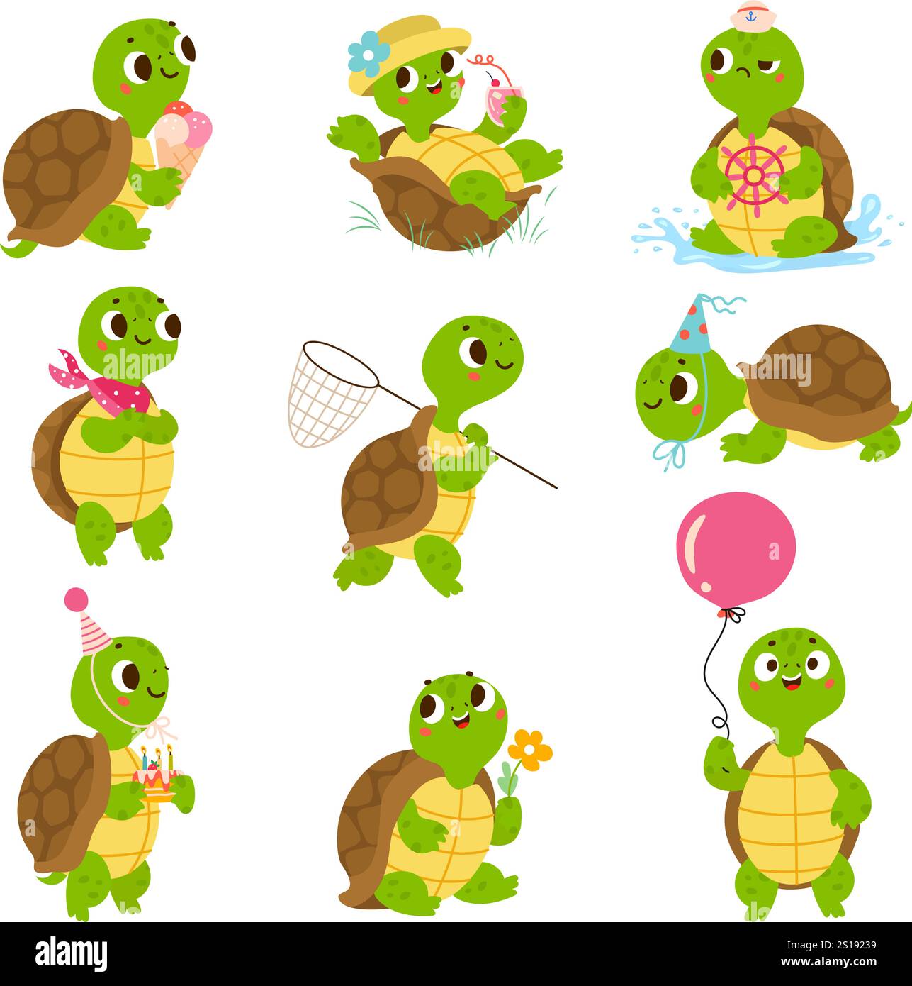 Turtle characters in different poses. Turtles drinks cocktail, eating ...