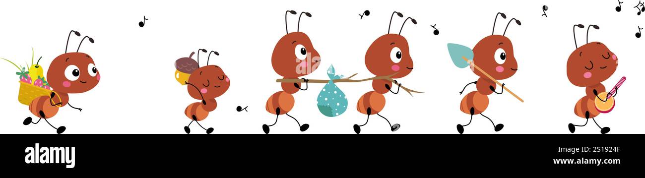 Funny working ants characters. Cartoon ant walk one after another and ...