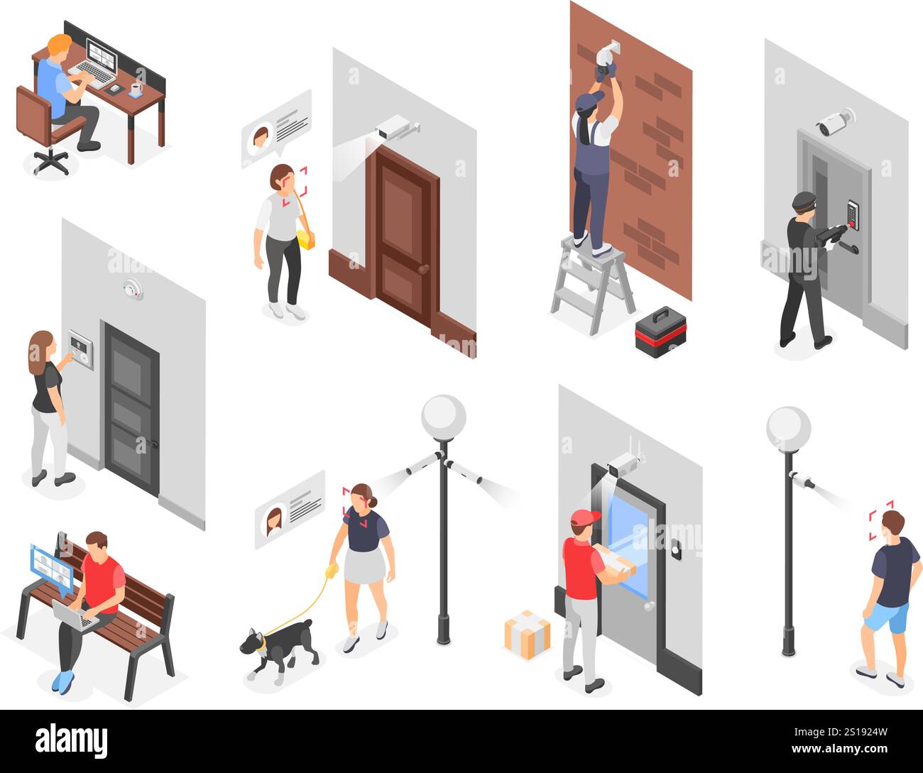 Isometric public security. Outdoor cctv, face recognition systems. Modern urban safety for ...