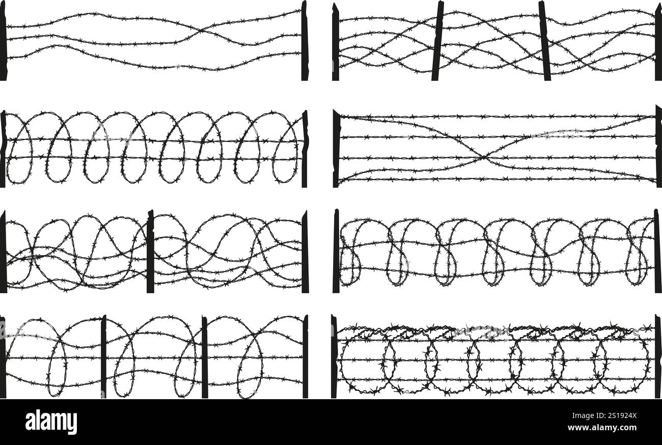 Barbed wire fences. Black fence barbwire silhouettes. Trench war ...