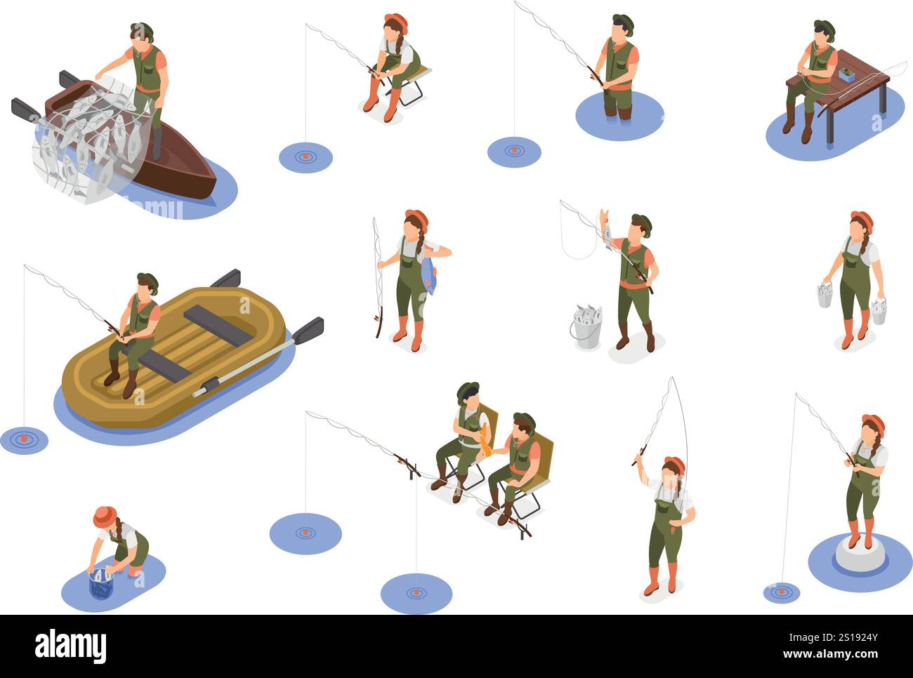 Isometric fishermen characters. Boys girls fishing with rods and nets ...