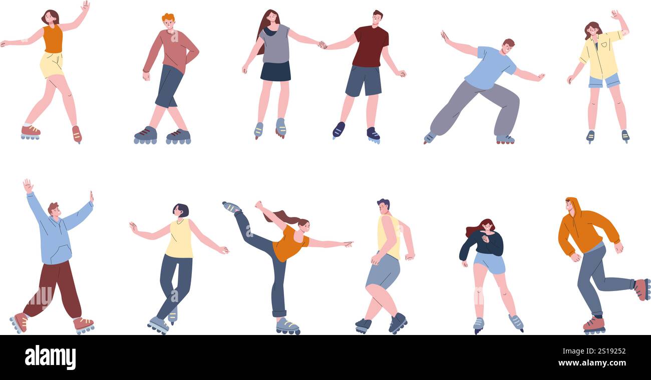 Roller skaters. Retro sporty men women on roller skate, hobby or ...