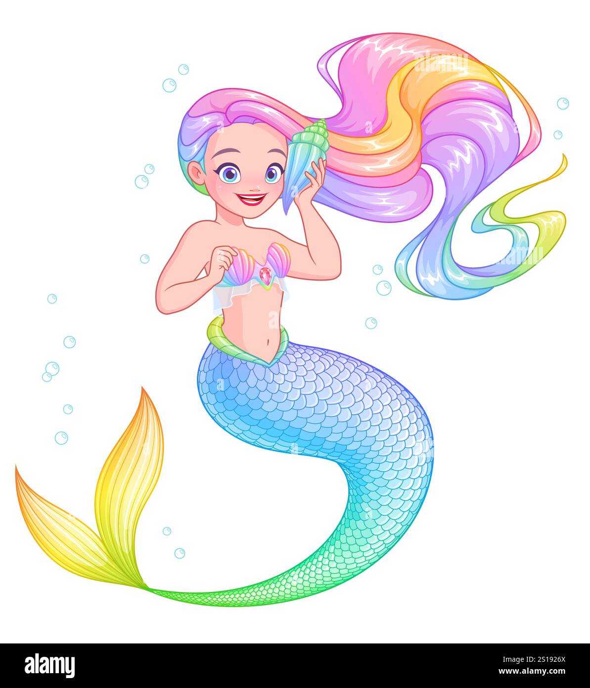 Beautiful mermaid with rainbow hair holding a seashell. Cartoon vector ...