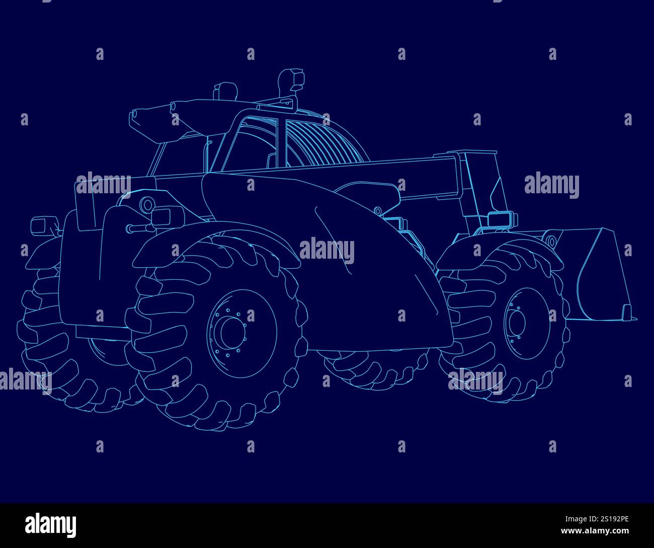 Blue drawing of a tractor with a large front wheel. The tractor is ...