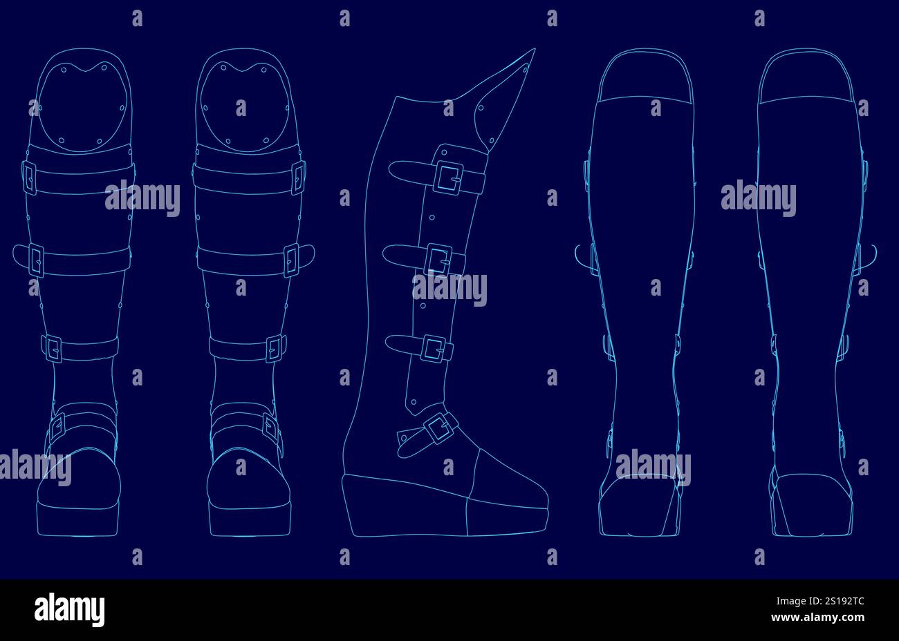 The image is a series of blue drawings of boots. The drawings are of ...