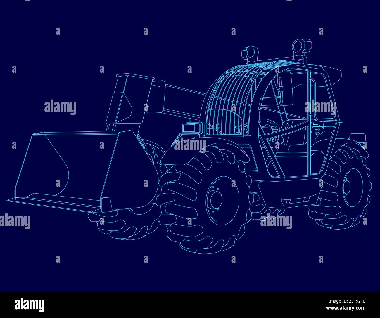Blue drawing of a tractor with a large bucket on the front. The tractor ...