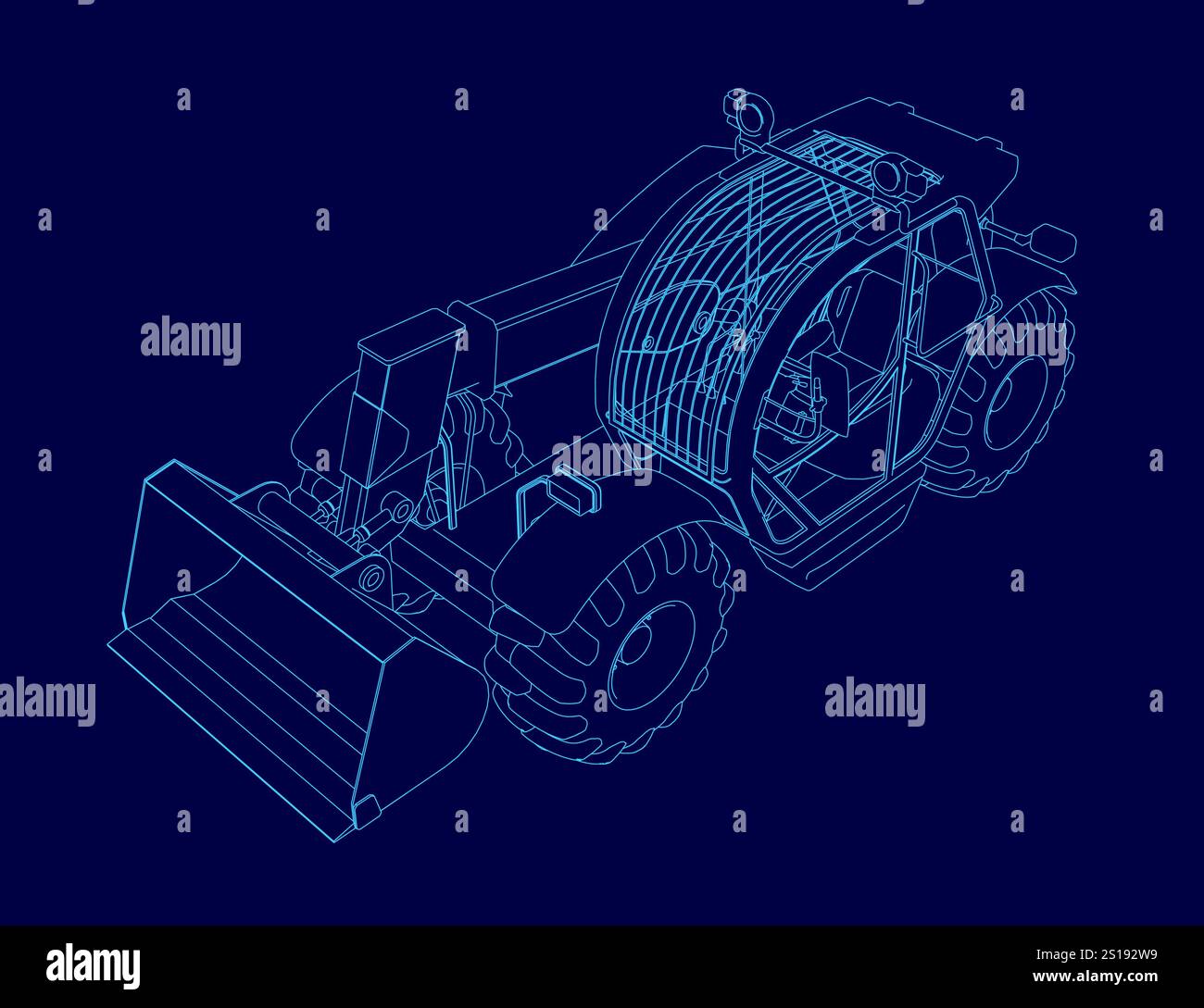 Blue drawing of a tractor with a large scoop on the front. The tractor ...