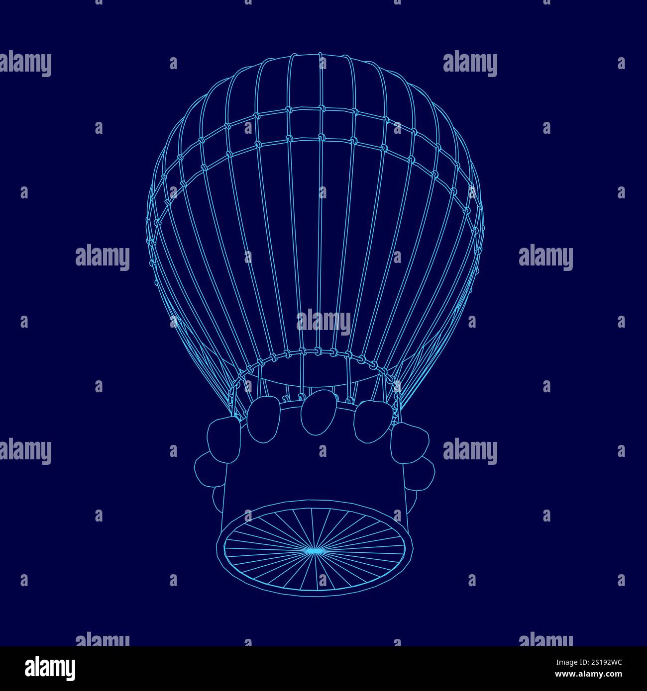 Blue drawing of a hot air balloon. The balloon is in the air and has a ...