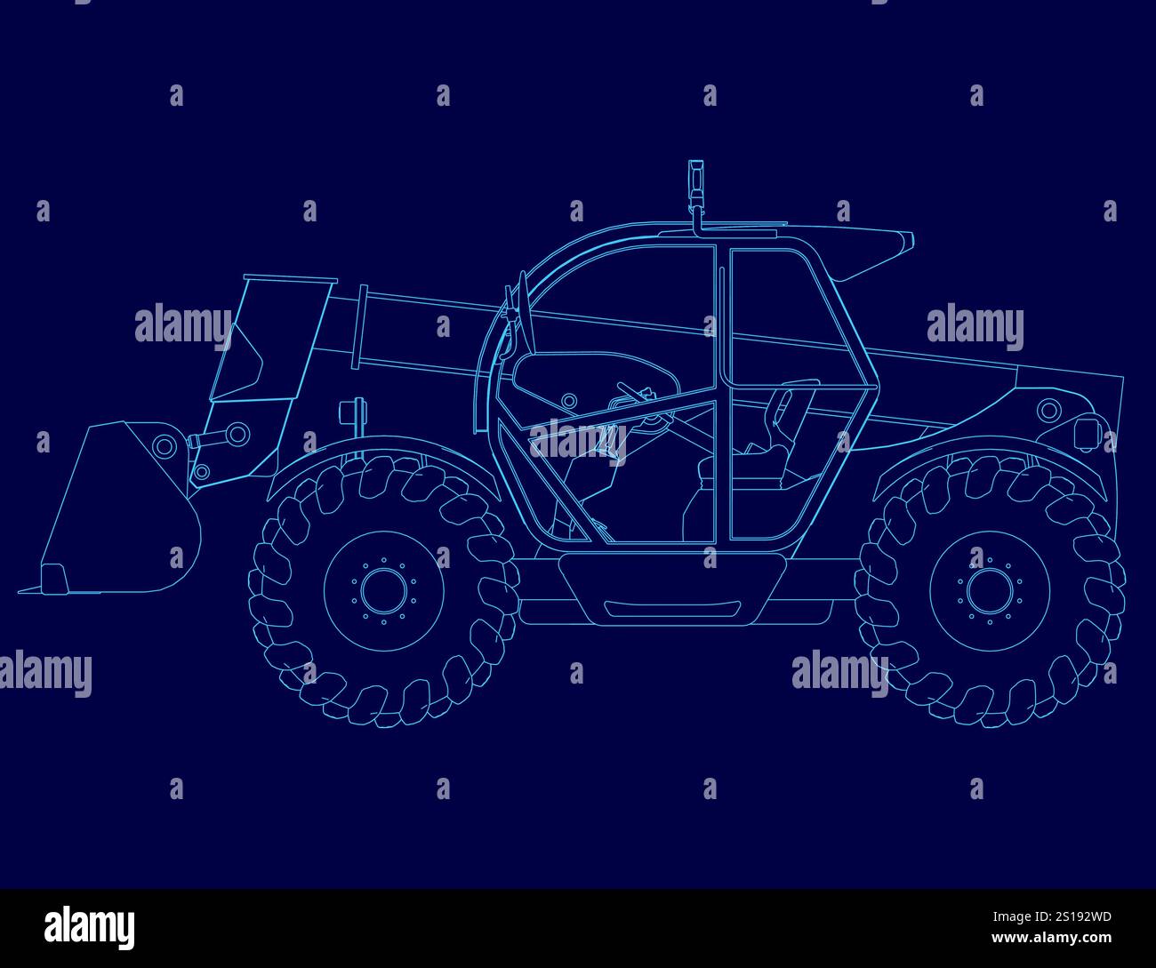 Blue drawing of a tractor with a large scoop on the back. The tractor ...