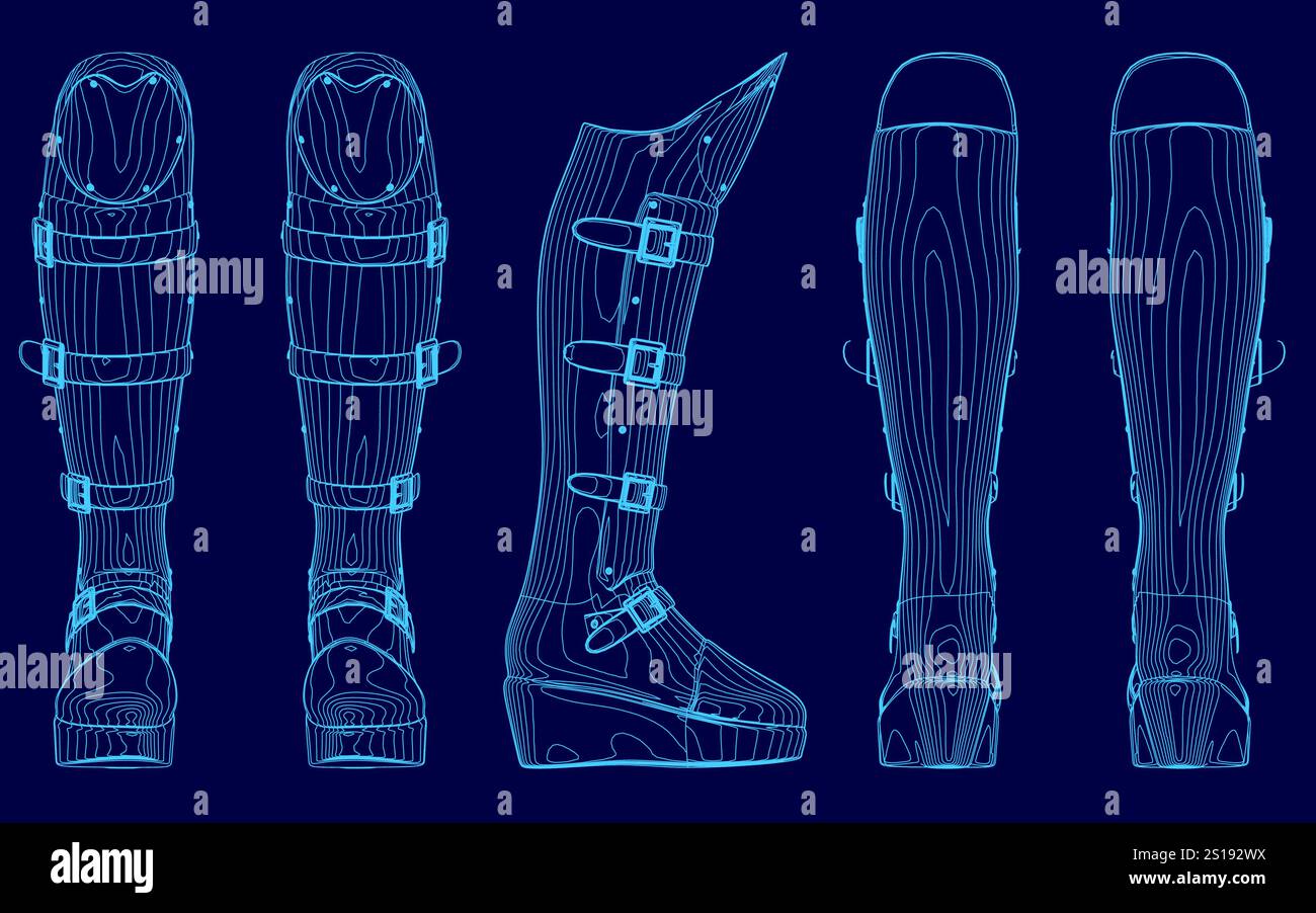 The image is a series of blue drawings of boots. The boots are shown ...