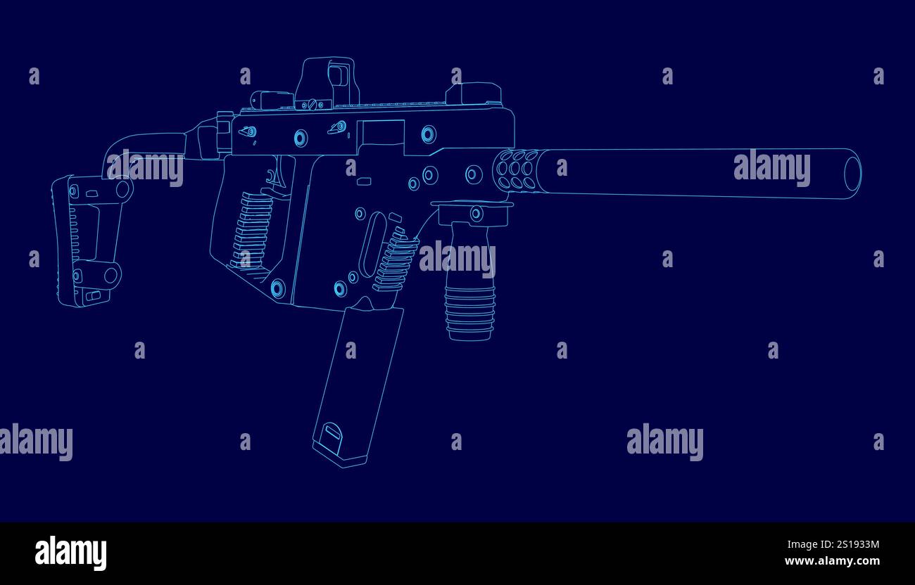 Blue image of a gun with a blue background. The gun is stylized and ...