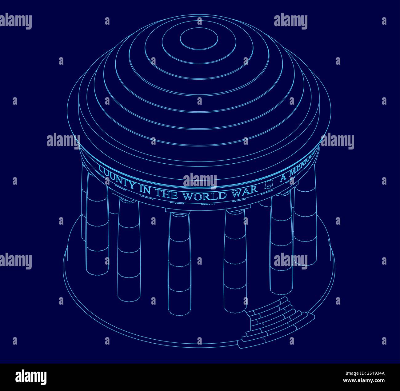 Blue drawing of a building with the words "County in the World War ...