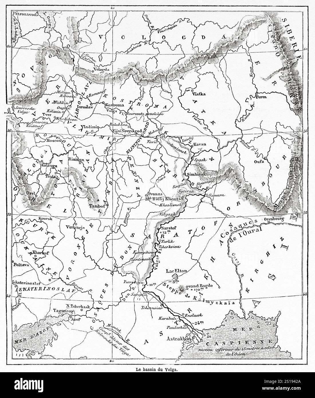 Old map of the Volga River basin. Russia, drawing by Moynet, from The ...