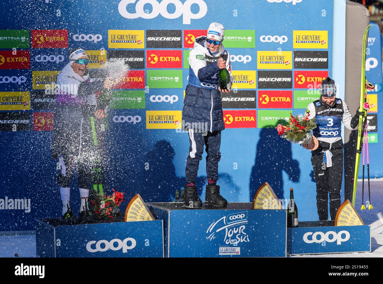 Toblach, Italy 20250101. Astrid Oyre Slind, Therese Johaug (left) and Kerttu Niskanen from ...