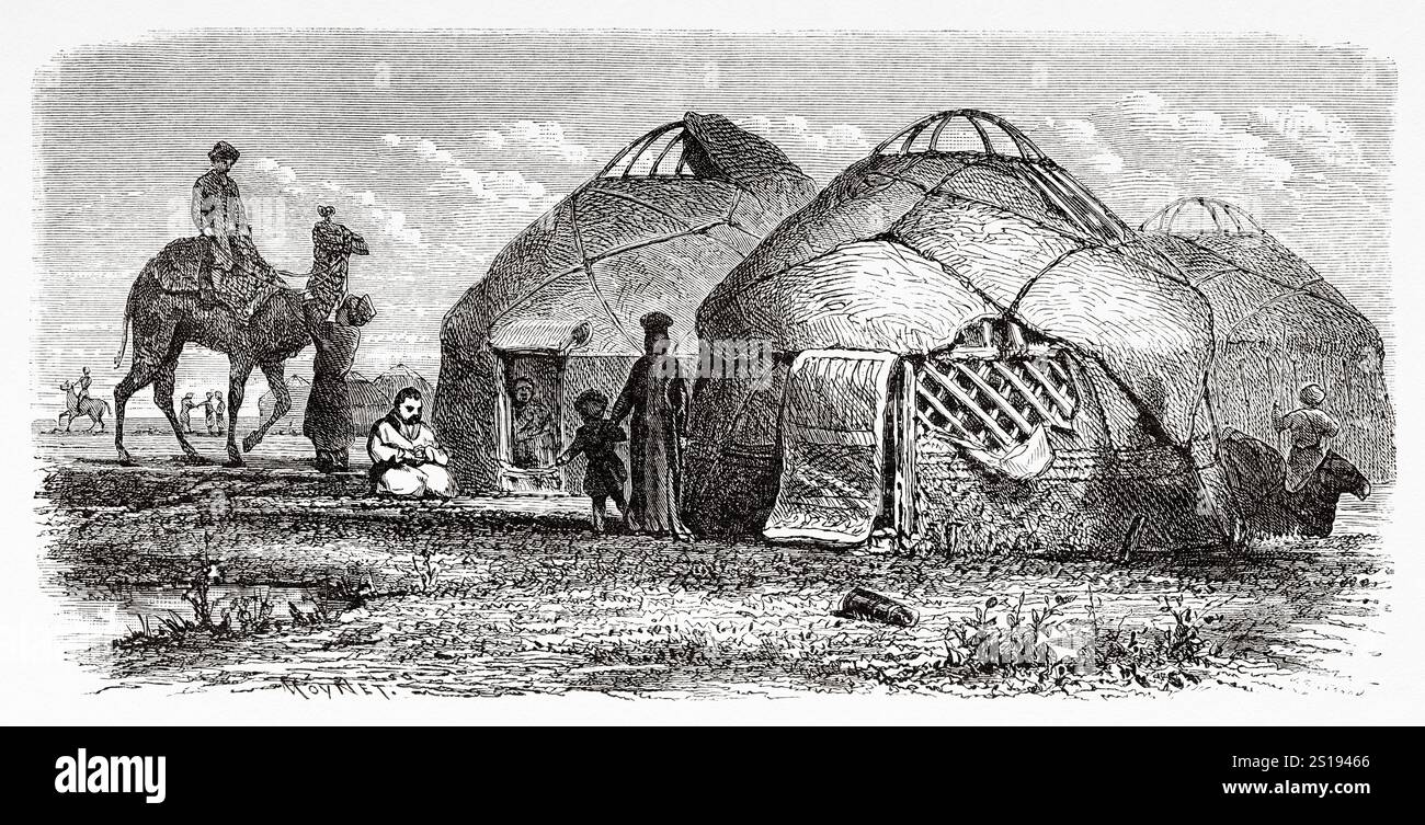 Traditional Kalmyk dwelling. Russia, drawing by Moynet, from The Volga ...