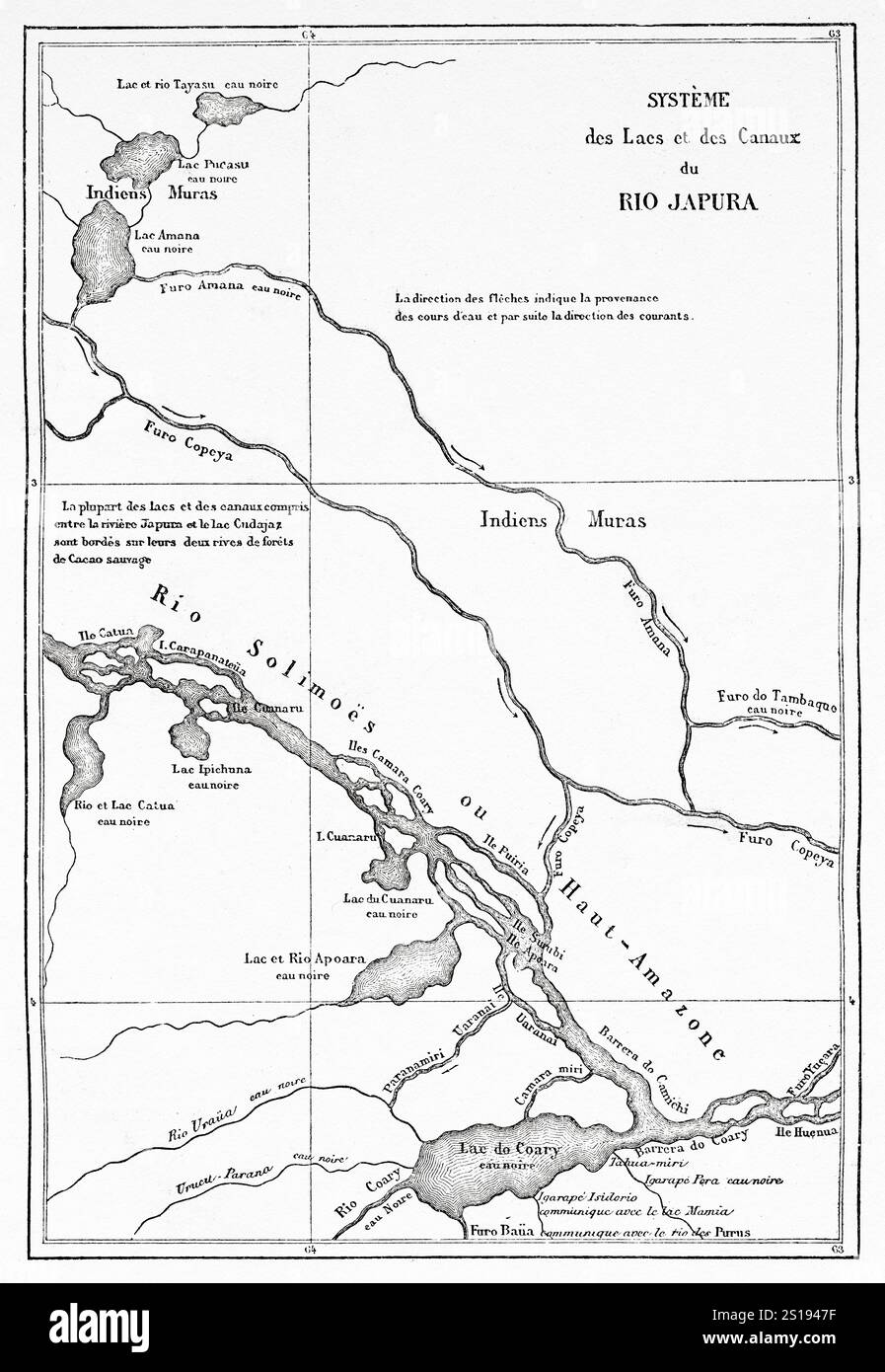 Old map of Japura river basin, Amazon state. Brazil. South America ...