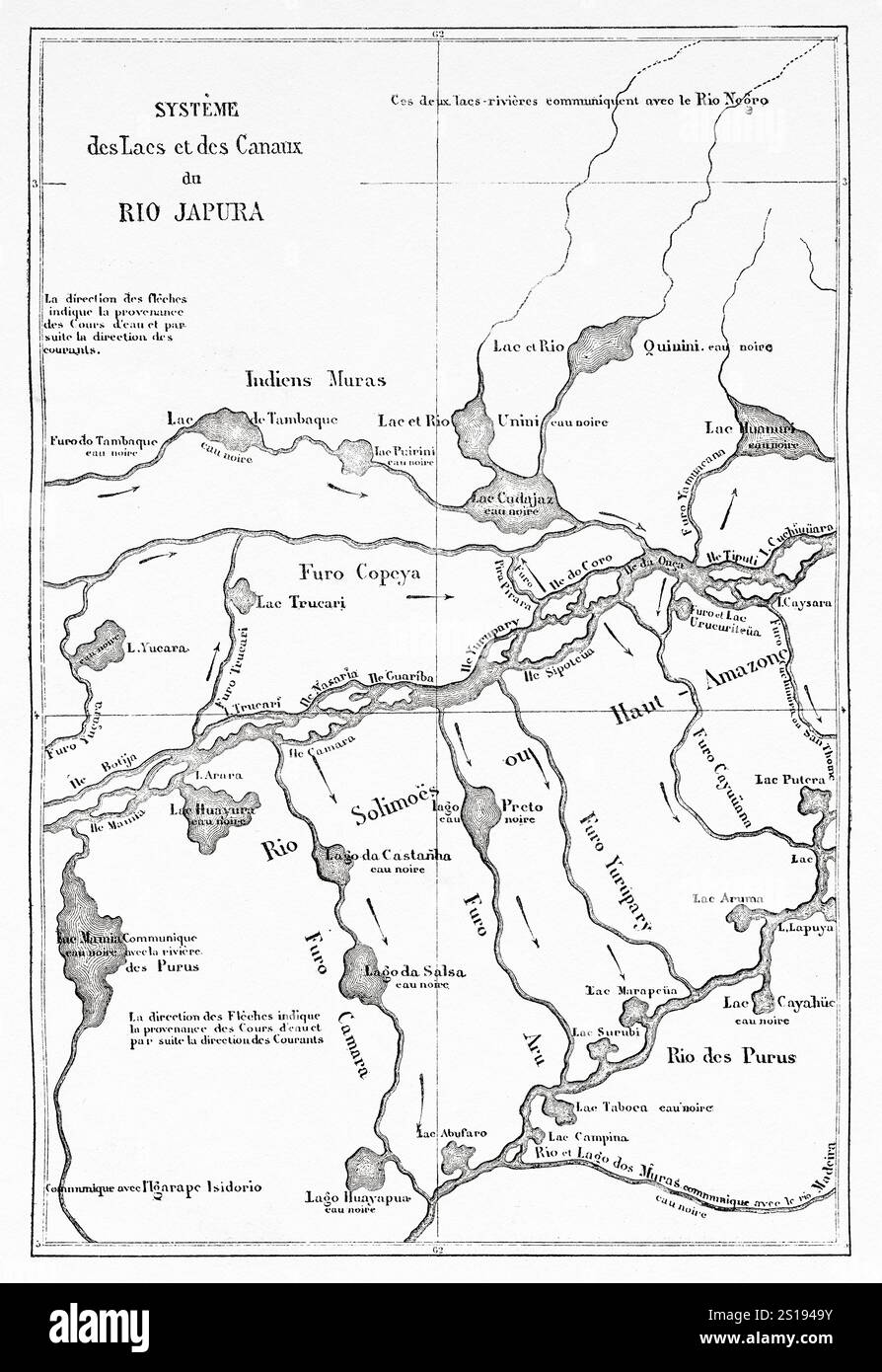 Old map of Japura river basin, Amazon state. Brazil. South America ...