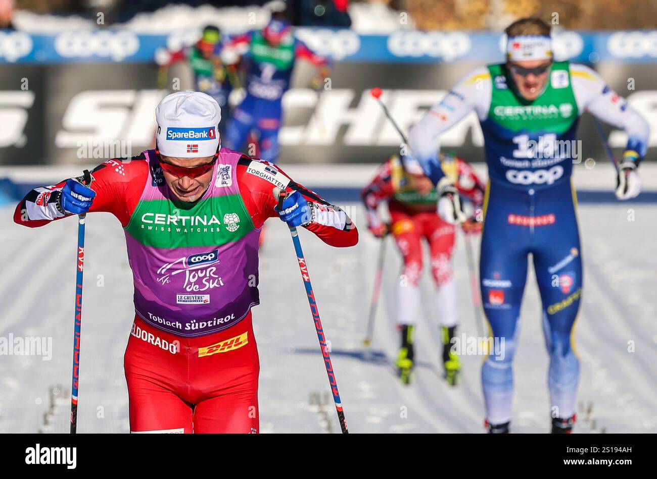 Toblach, Italy 20250101. Harald Ostberg Amundsen (left), Edvin Anger from Sweden and Johannes ...