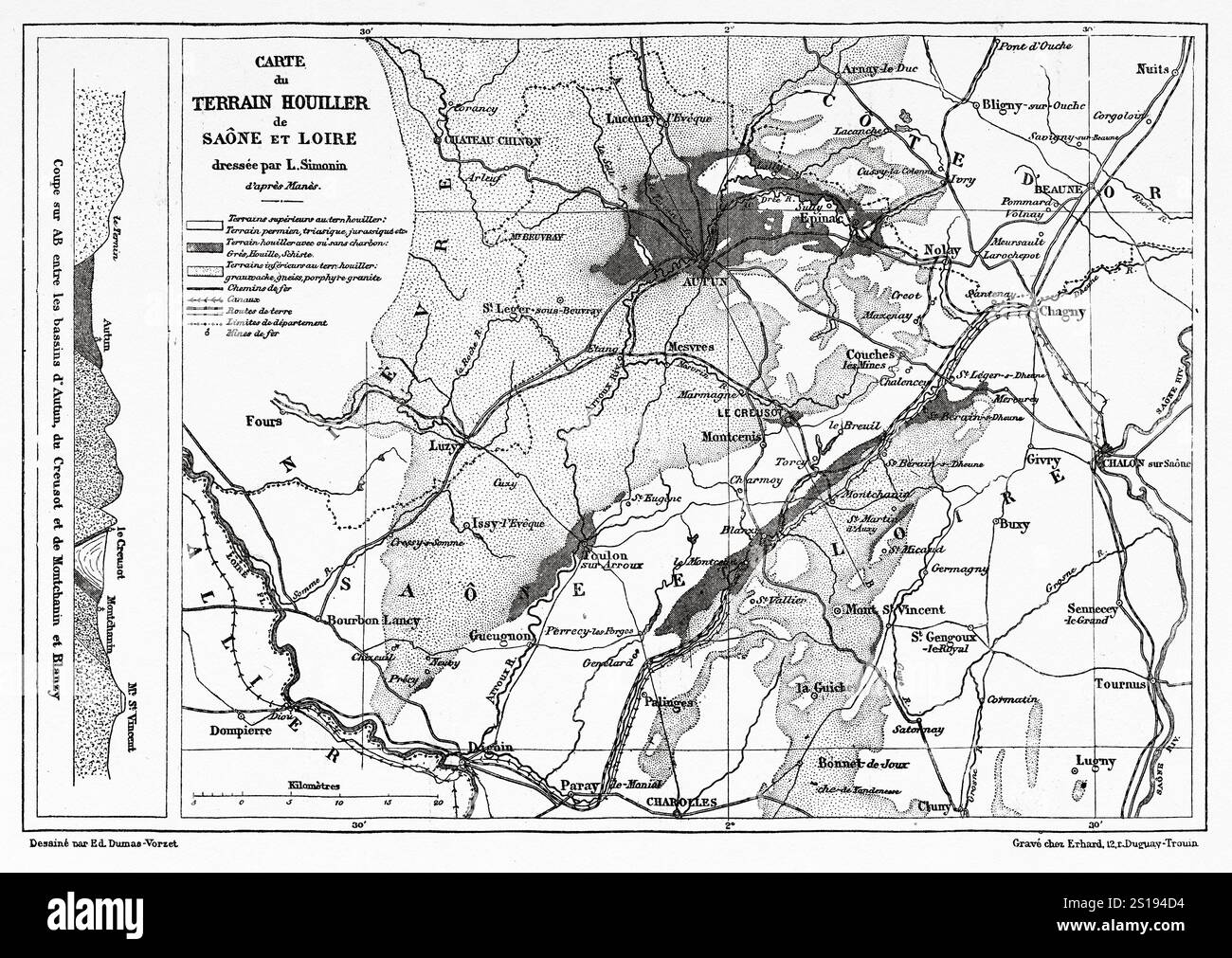 Old map of the Coal Basin in Saon-et-Loire, France. Europe. Le Creusot ...