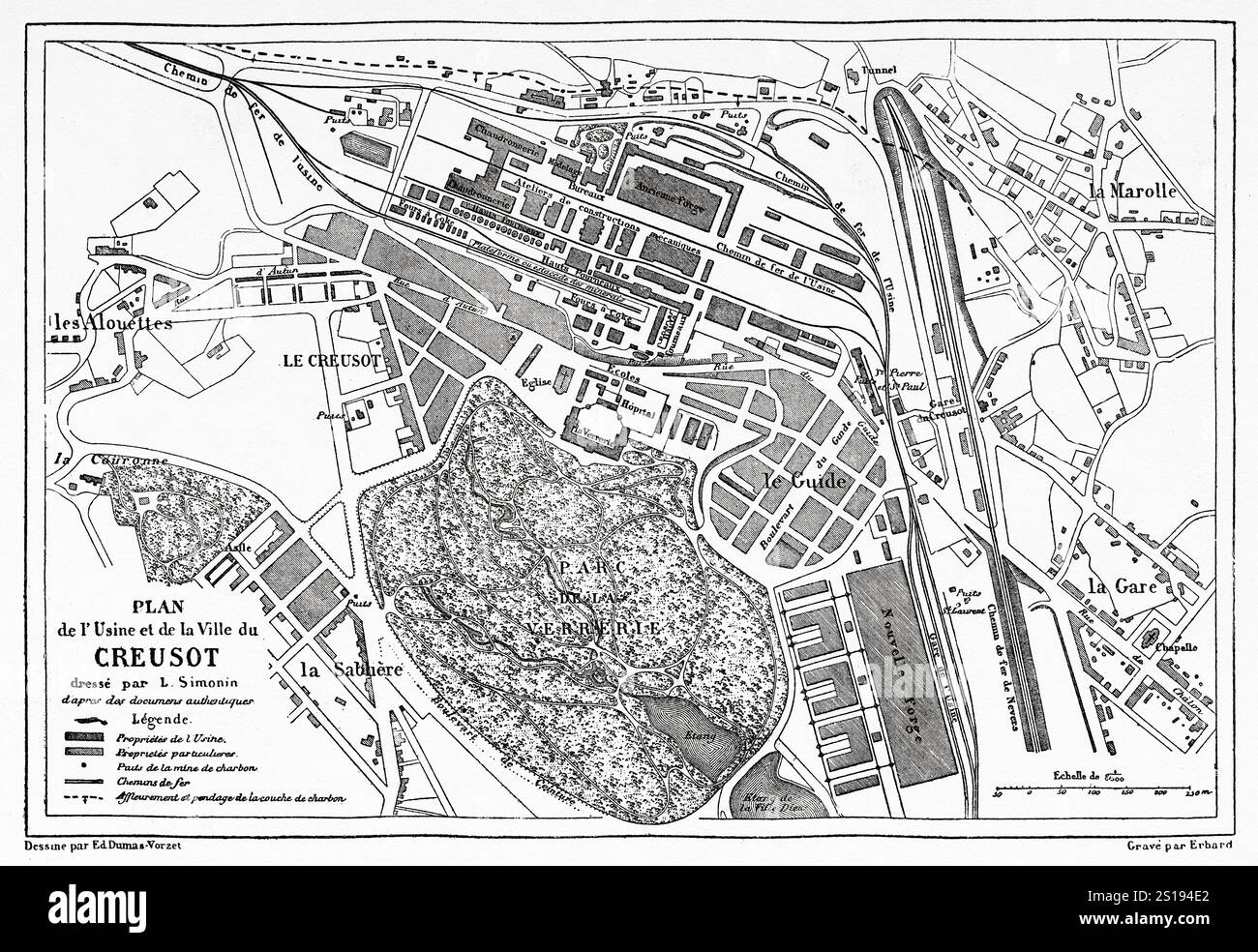 Old map of the Factory and the City of Creusot, France. Europe. Le ...