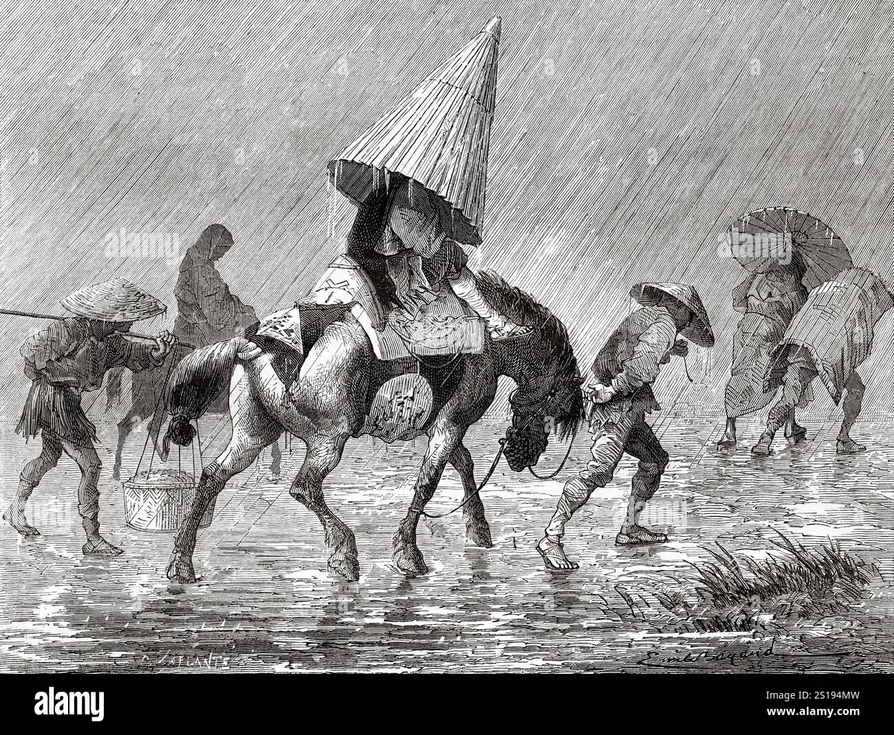 Japanese pack horse under the rain, Japan. Drawing by Emile Bayard ...