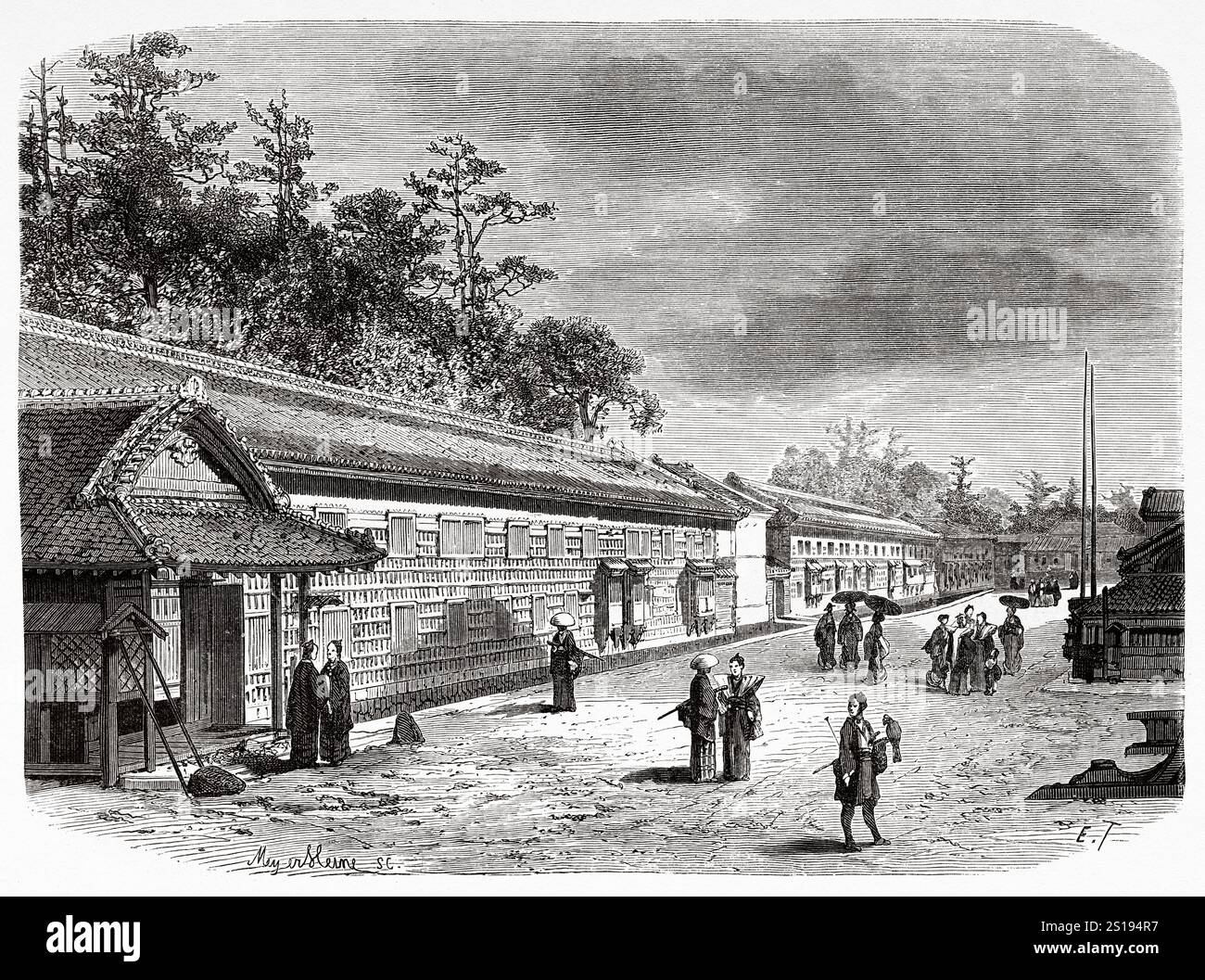 Arima palace exterior walls, Tokyo. Japan. Drawing by Emile Therond (182-1883) Travel to Japan ...