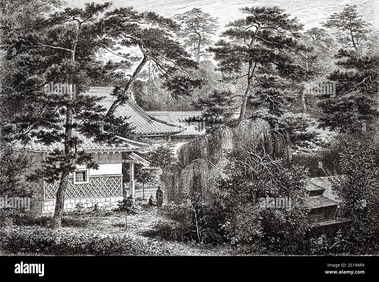 English Legation Gardens, Tokyo. Japan. Drawing by Lancelot. Travel to Japan, 1863-1864 by Aime ...