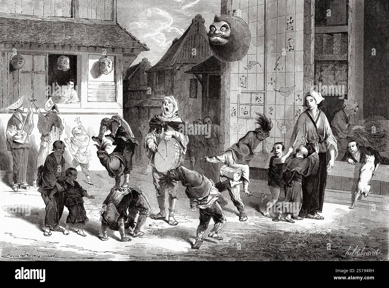 Street acrobats at Tokyo, Japan. Drawing by Emile Bayard (1837-1891 ...