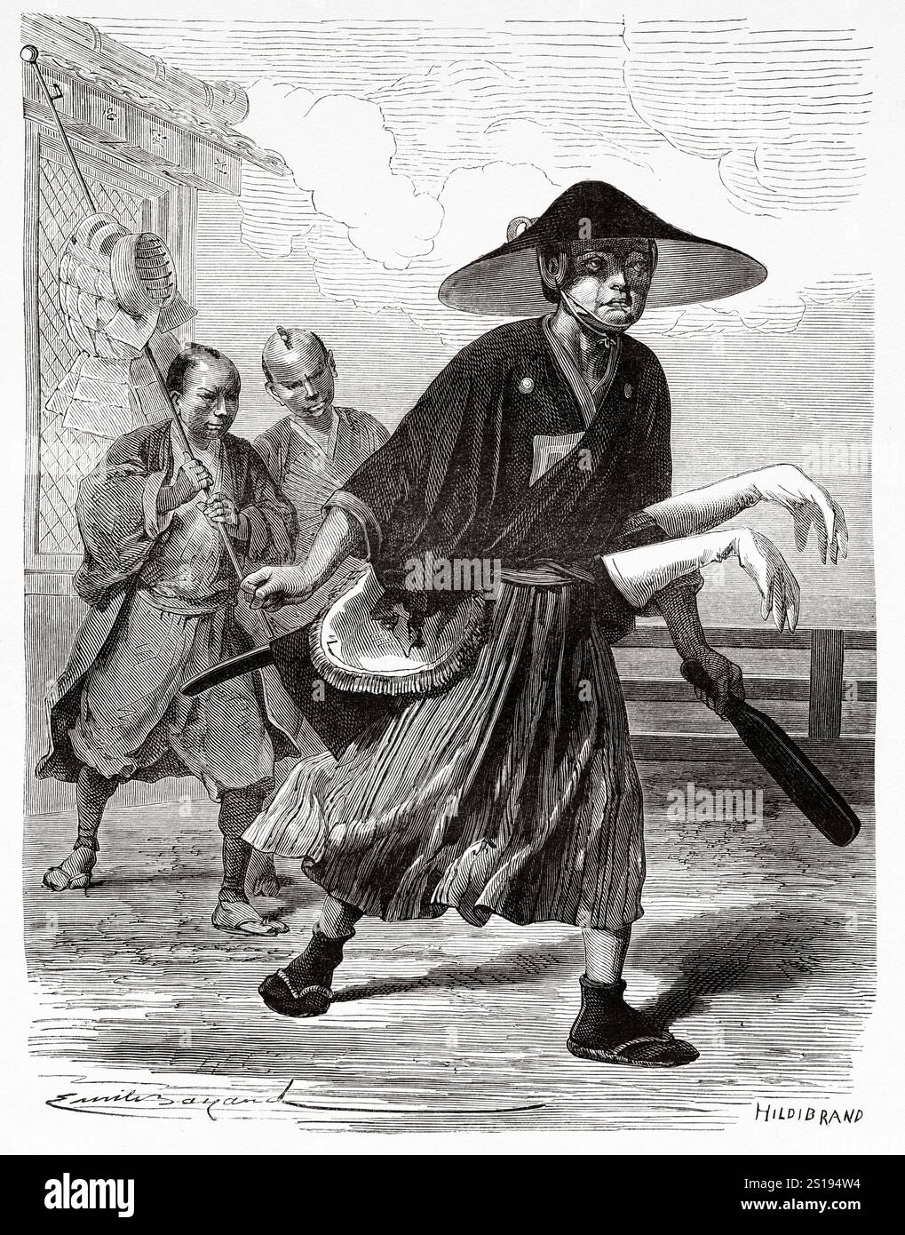 Japanese fencing instructor, Tokyo, Japan. Drawing by Emile Bayard (1837-1891) Travel to Japan ...