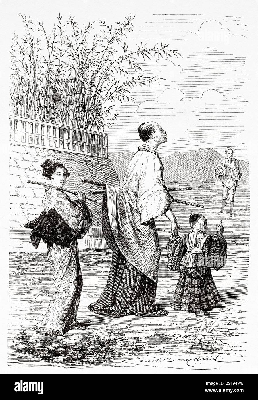 Samurai child, followed by his sister carrying the sword of the young ...