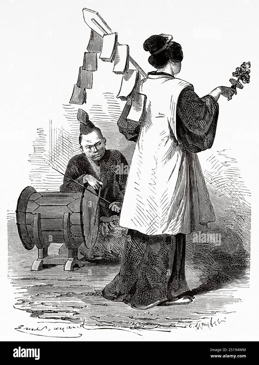 Japanese Shinto priestess, Japan. Drawing by Emile Bayard (1837-1891 ...