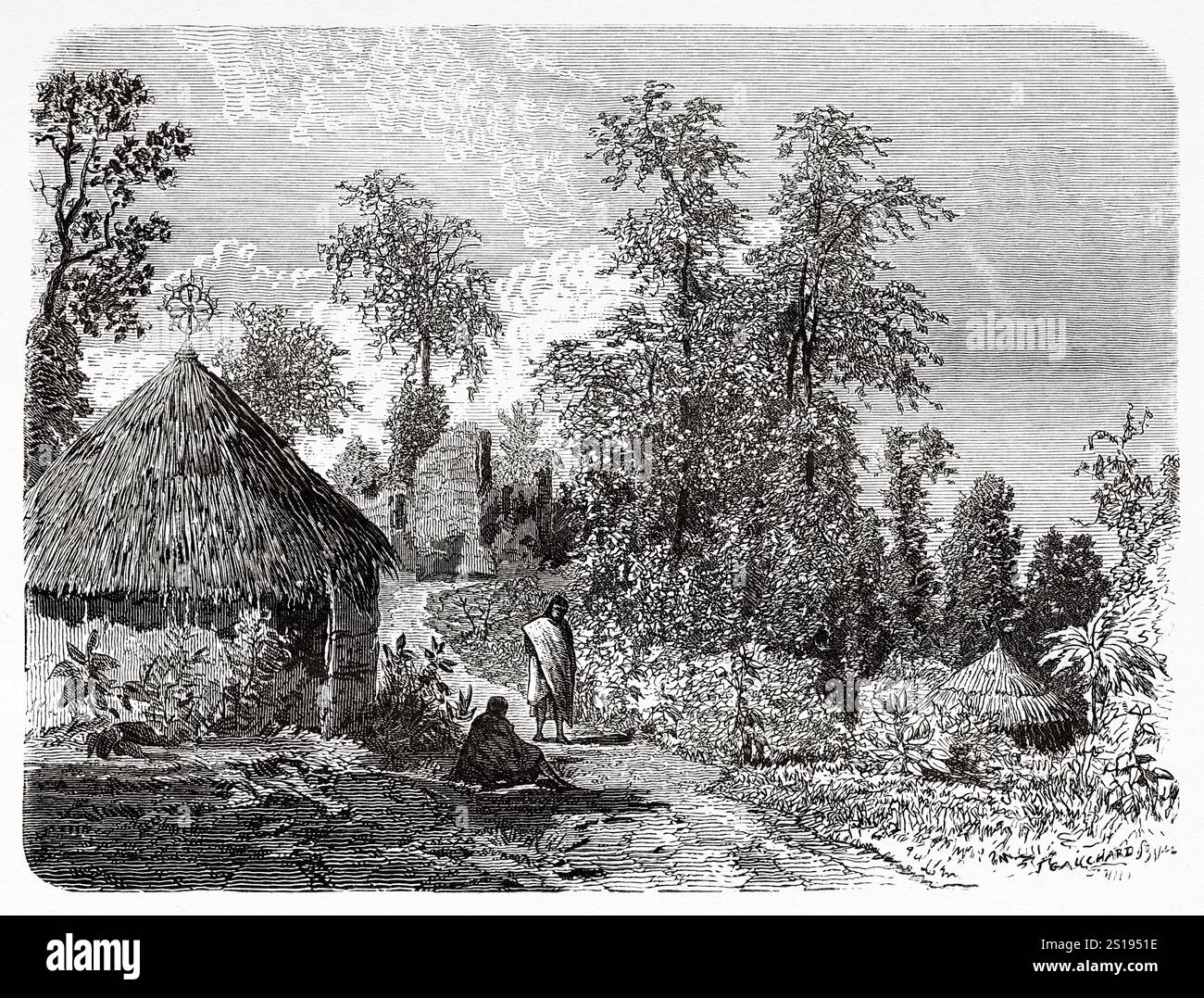 Heroe village at Gafat, Ethiopia. East Africa, drawing by Eugene Ciceri ...