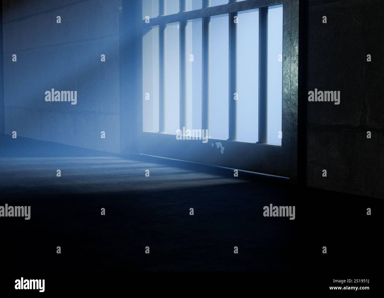 A closeup of a spolight behind jail cells iron bars casting shadows on the concrete prison floor ...