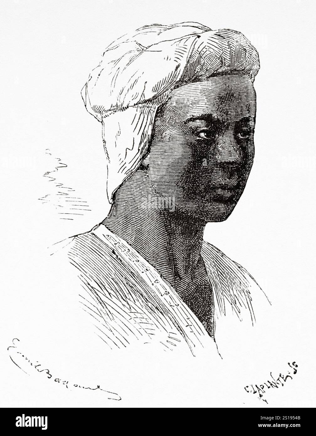 Abyssinian young man, Ethiopia. East Africa, drawing by Emile Bayard ...