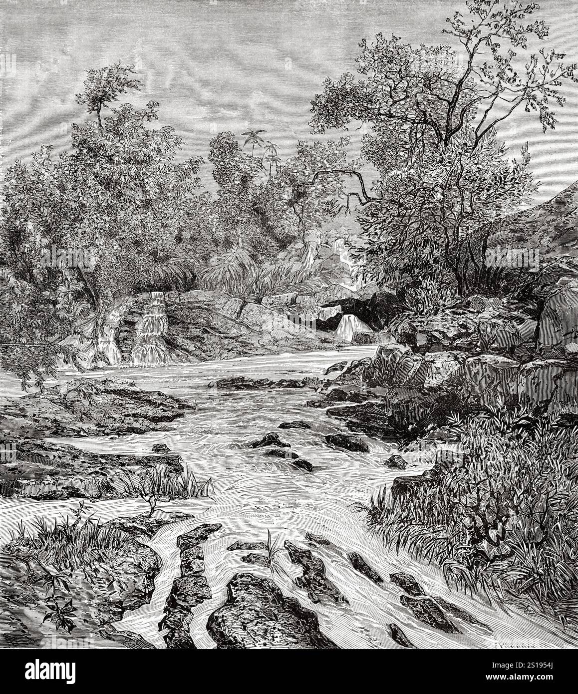 High Lisara river, Ethiopia. East Africa, drawing by Eugene Ciceri ...