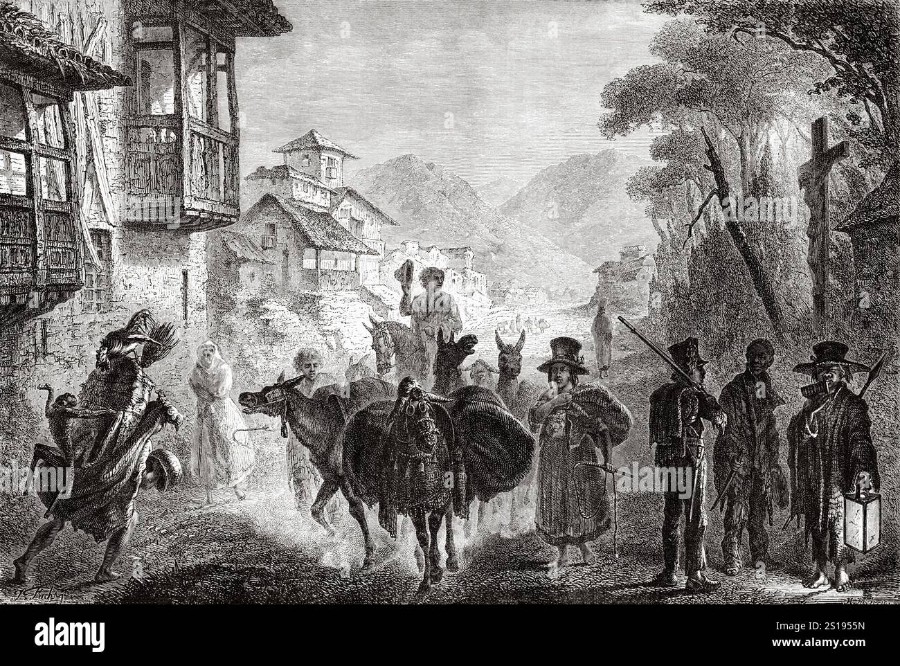 Inhabitants of Quito city, Ecuador. South American, drawing by Fuchs ...