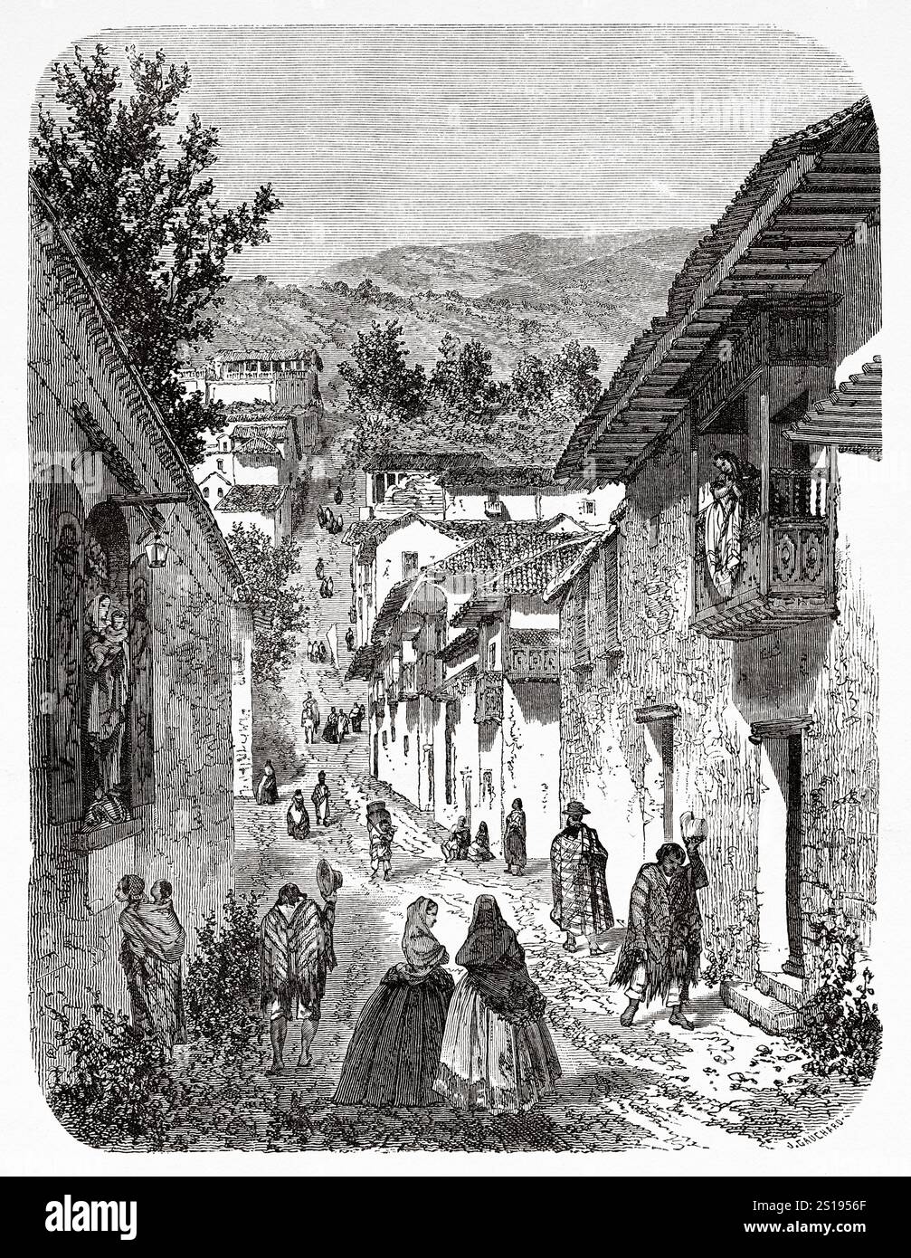 Street in a Quito suburb, Ecuador. South American, drawing by Emile ...