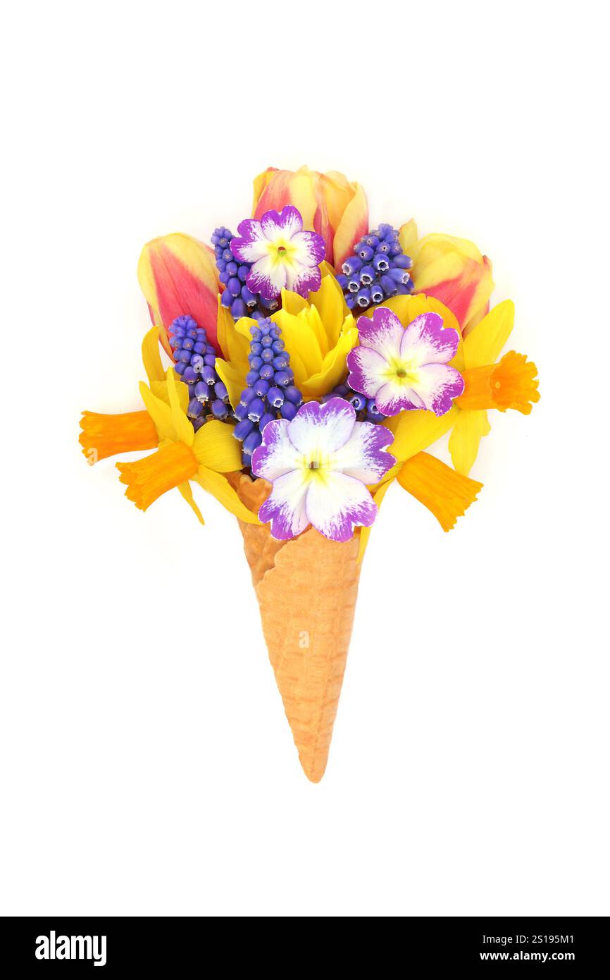 Surreal Spring ice cream cone with flowers of tulips, daffodils ...