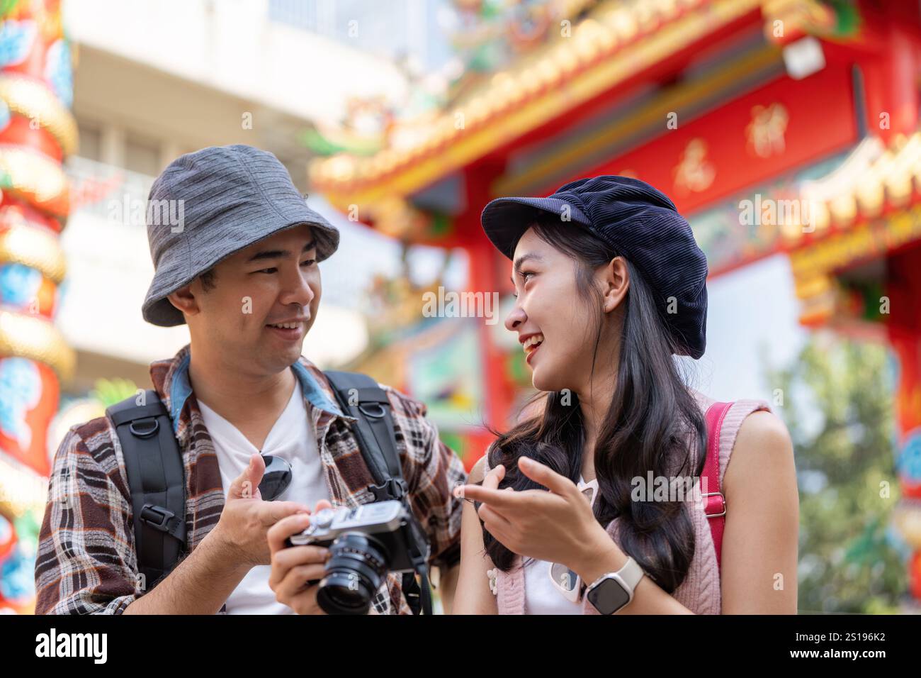Travel adventures together a couple journey through cultural landmarks ...