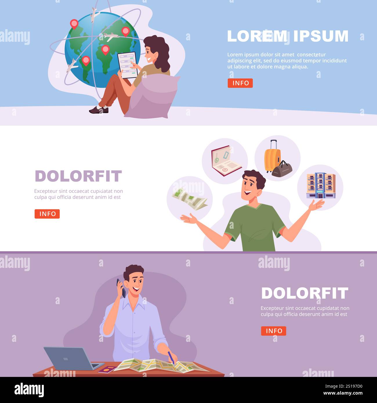 plan to travel. banners with man and woman happy couples planning ...