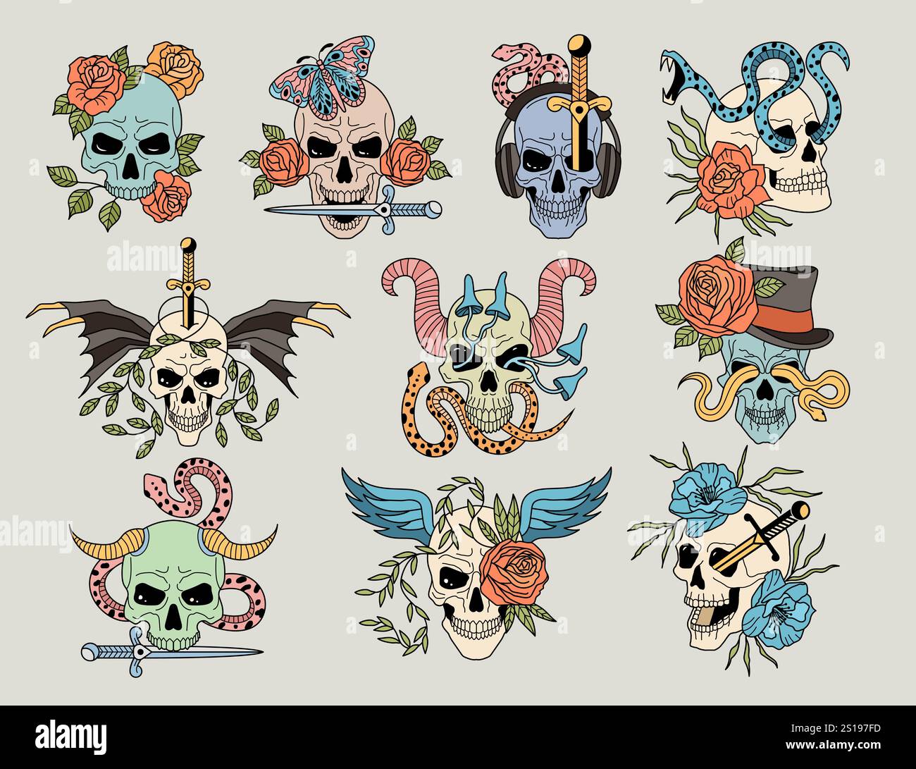 Skull tattoo. Colorful pictures set of creepy drawing skulls in ...