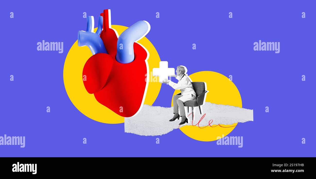 Doctor sitting beside heart with cross symbol, highlighting heart care ...