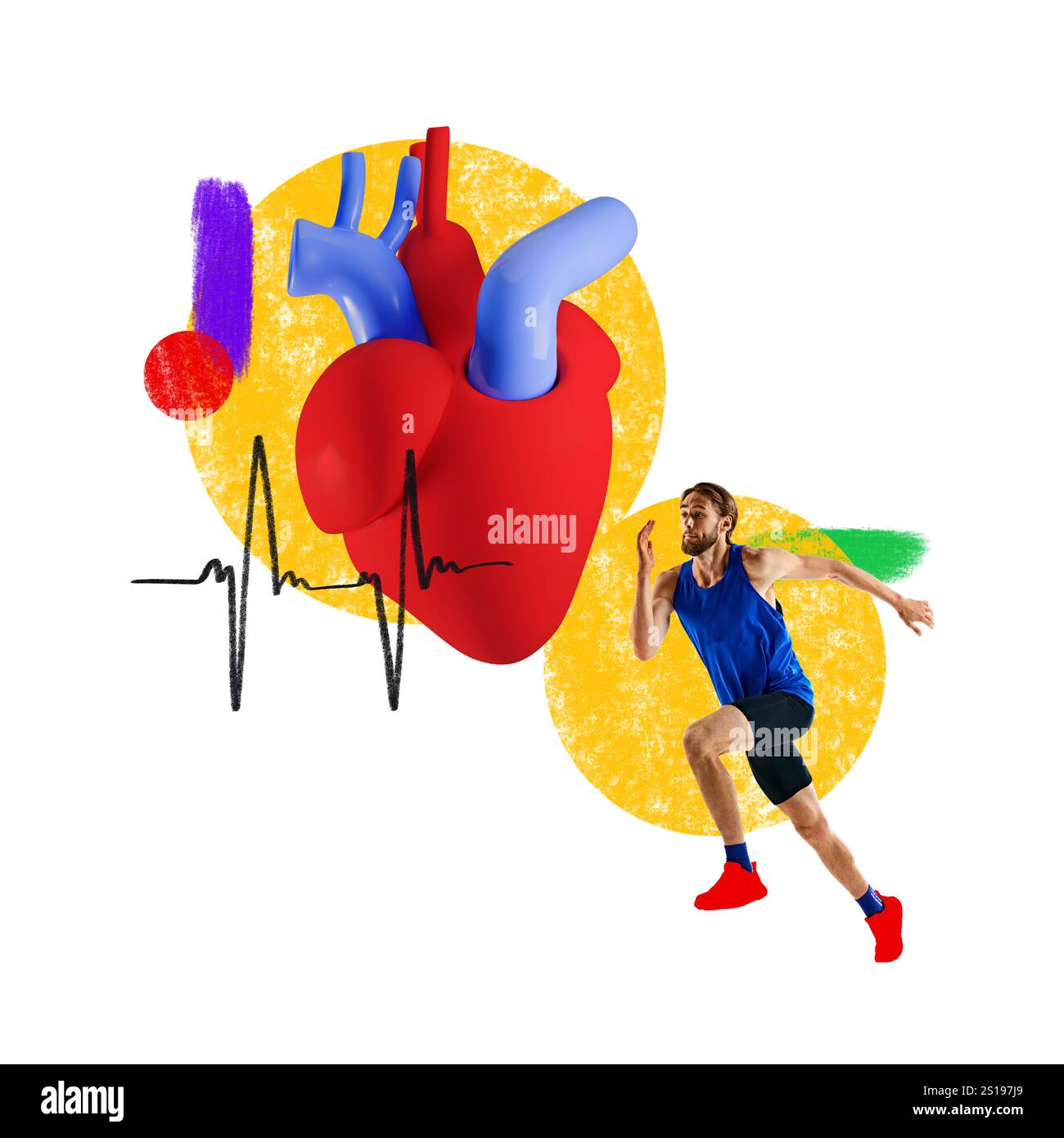 Young man, runner next to large heart with an ECG wave, promoting ...