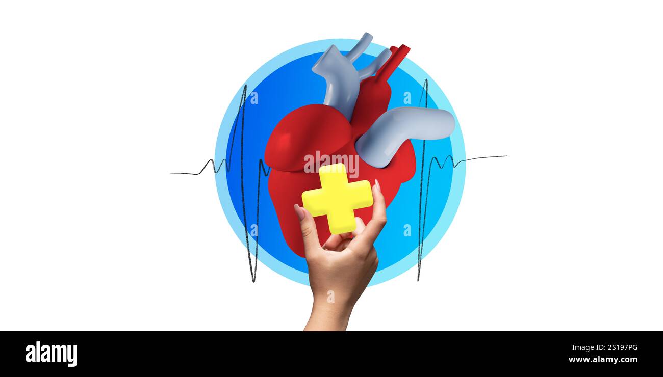 Hand holding cross symbol in front of heart with ECG waves, emphasizing ...