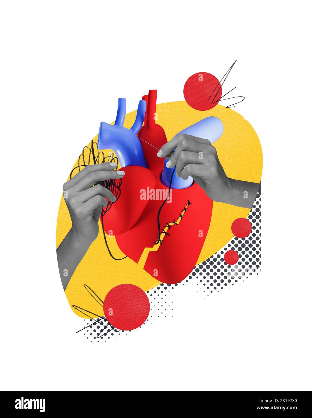 Hands sewing heart illustration with threads, representing repair and ...